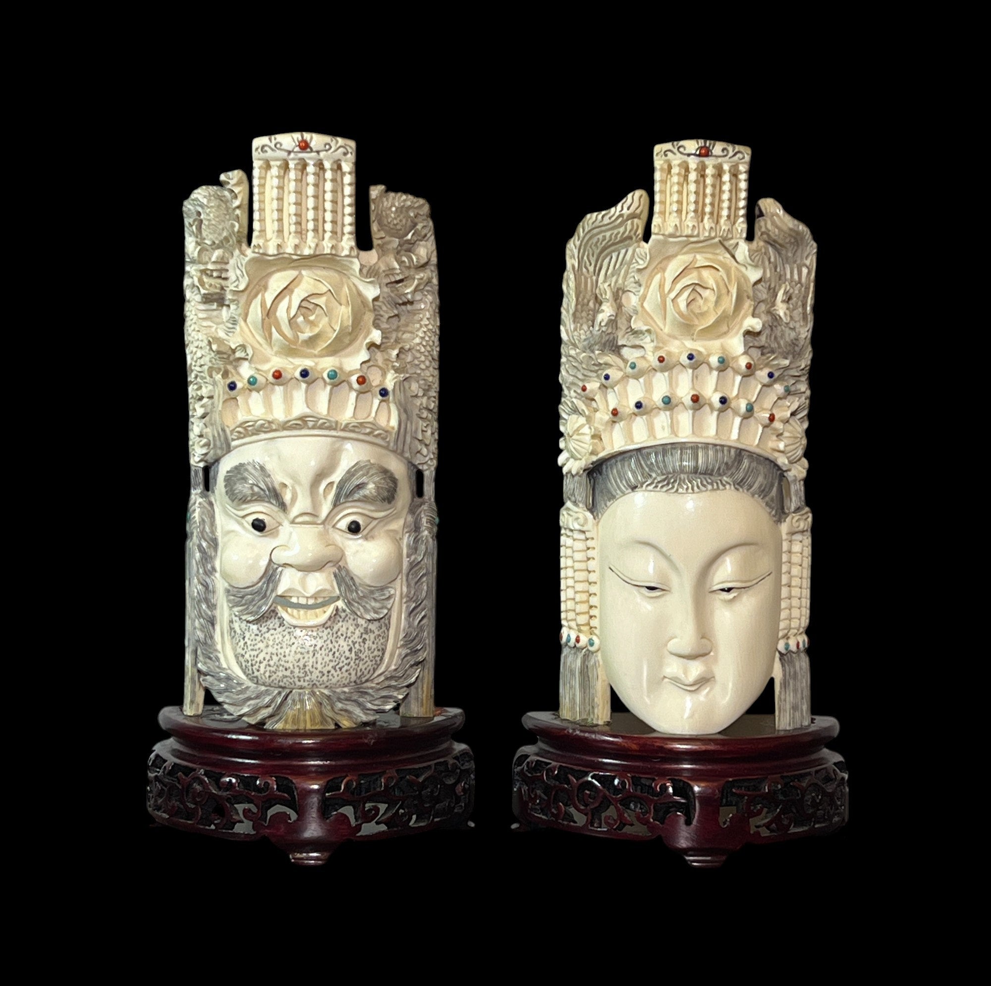 Pair of Antique Chinese Carved Ivory Emperor & Empress Masks, Qianlong ...
