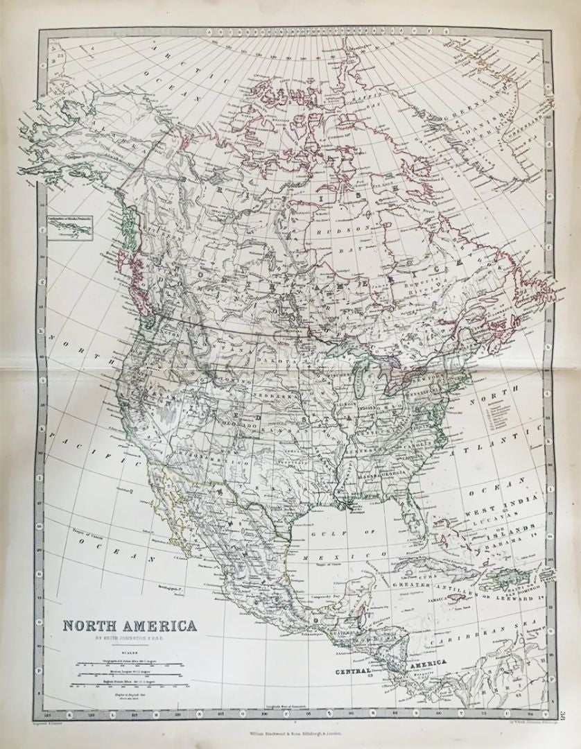 Antique Hand Colored Map U.S. / North America by Johnston (1874 ...