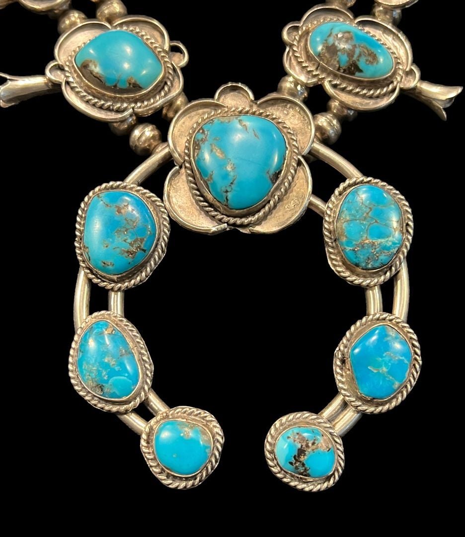 Vintage Navajo Sterling Silver & Turquoise Squash Blossom Necklace | Worthington Galleries