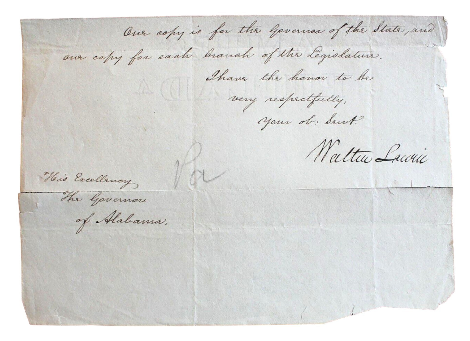 Sen. Walter Lowrie 1825 Signed Autographed Letter to Alabama Gov. Gayle ...